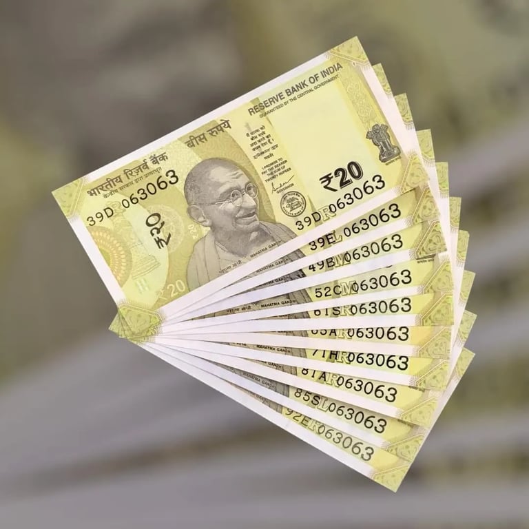 RS 20 INDIABANKNOTES SEMIFANCY 10 NOTES SAME NUMBER SETS 063063 UNIQUE ...