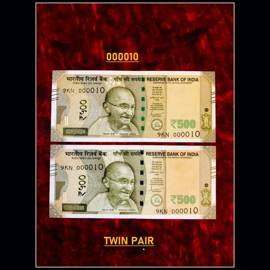 Rs 500 India Banknote TWIN PAIR 9KN 000010 SET FANCY Number Collection ...