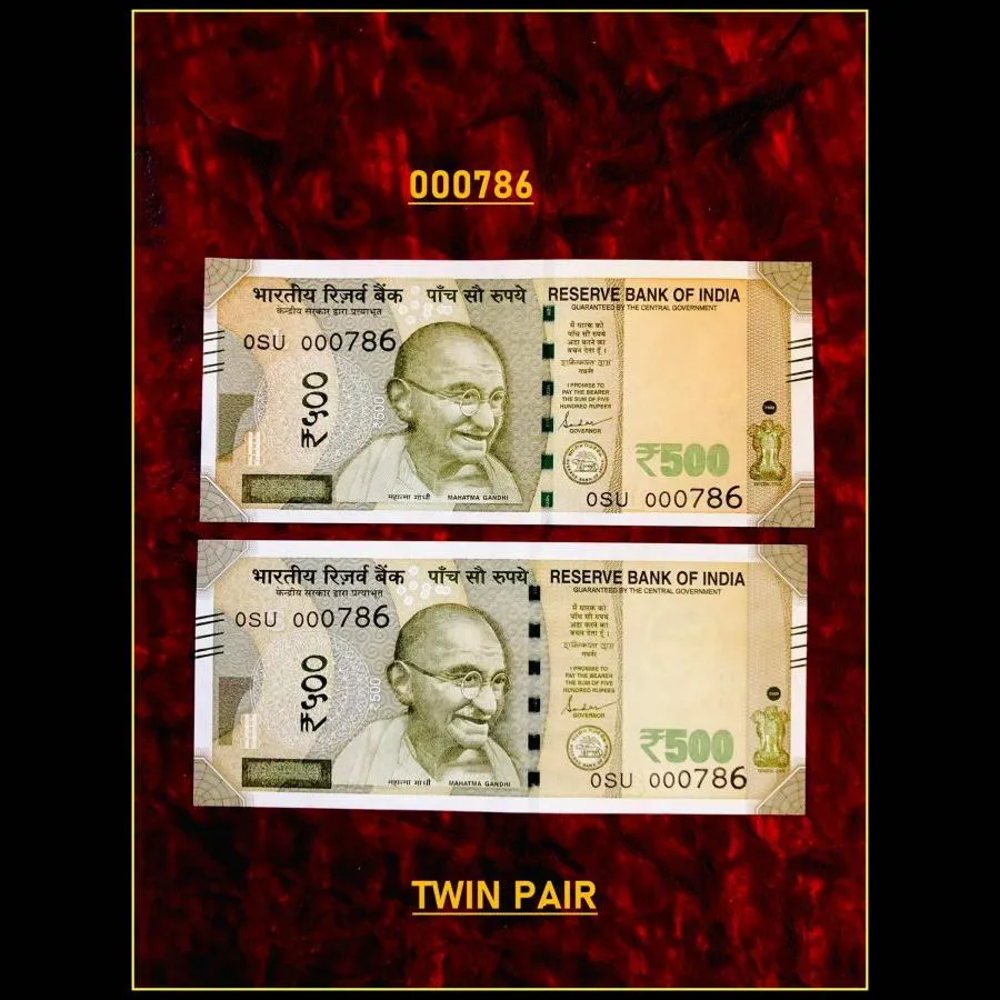Rs 500 India Banknote TWIN PAIR 000786 SET Fancy Number Collection Very ...