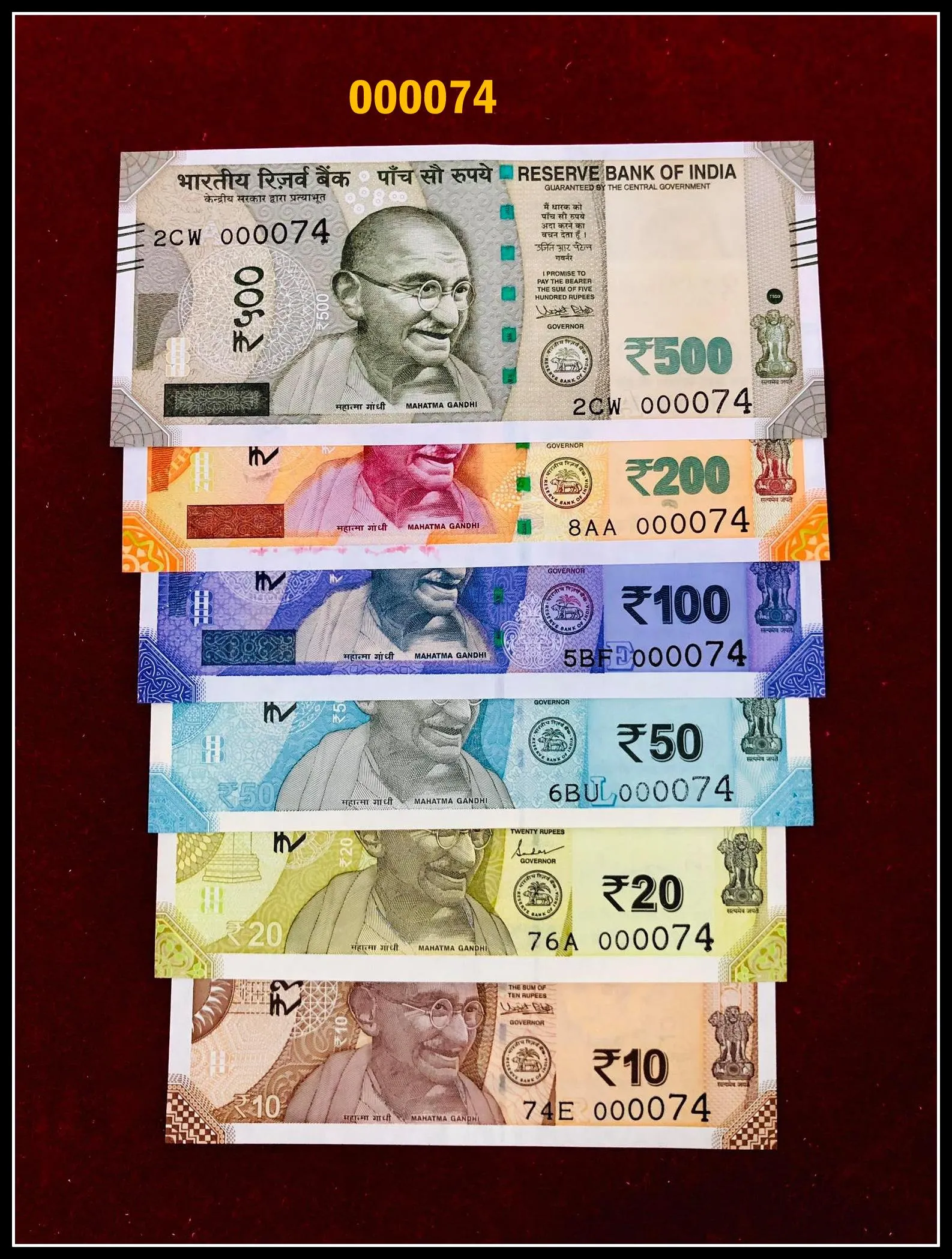 Rs 10 to 500 India Banknote Solid Fancy Set 000074 Gem Unc Unique ...