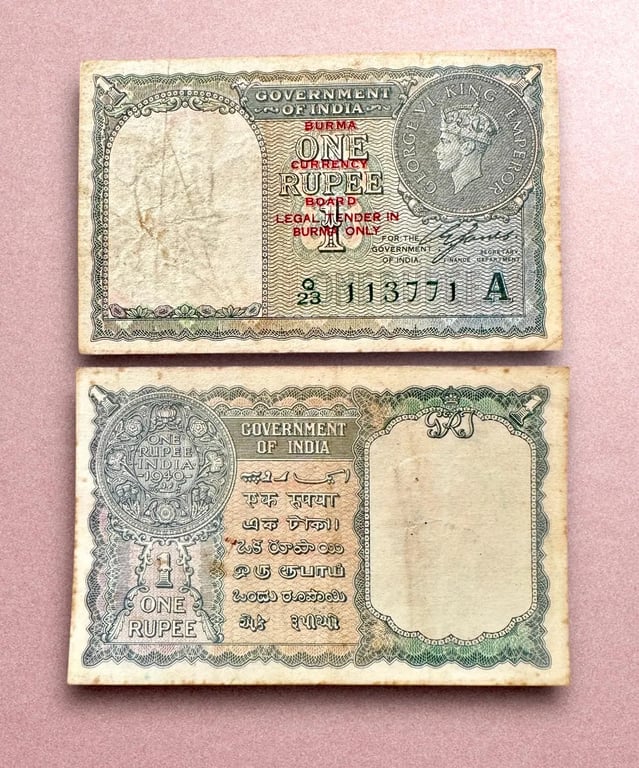 Re 1 British India Banknote 1940 Series BLACK Series King George VI ...