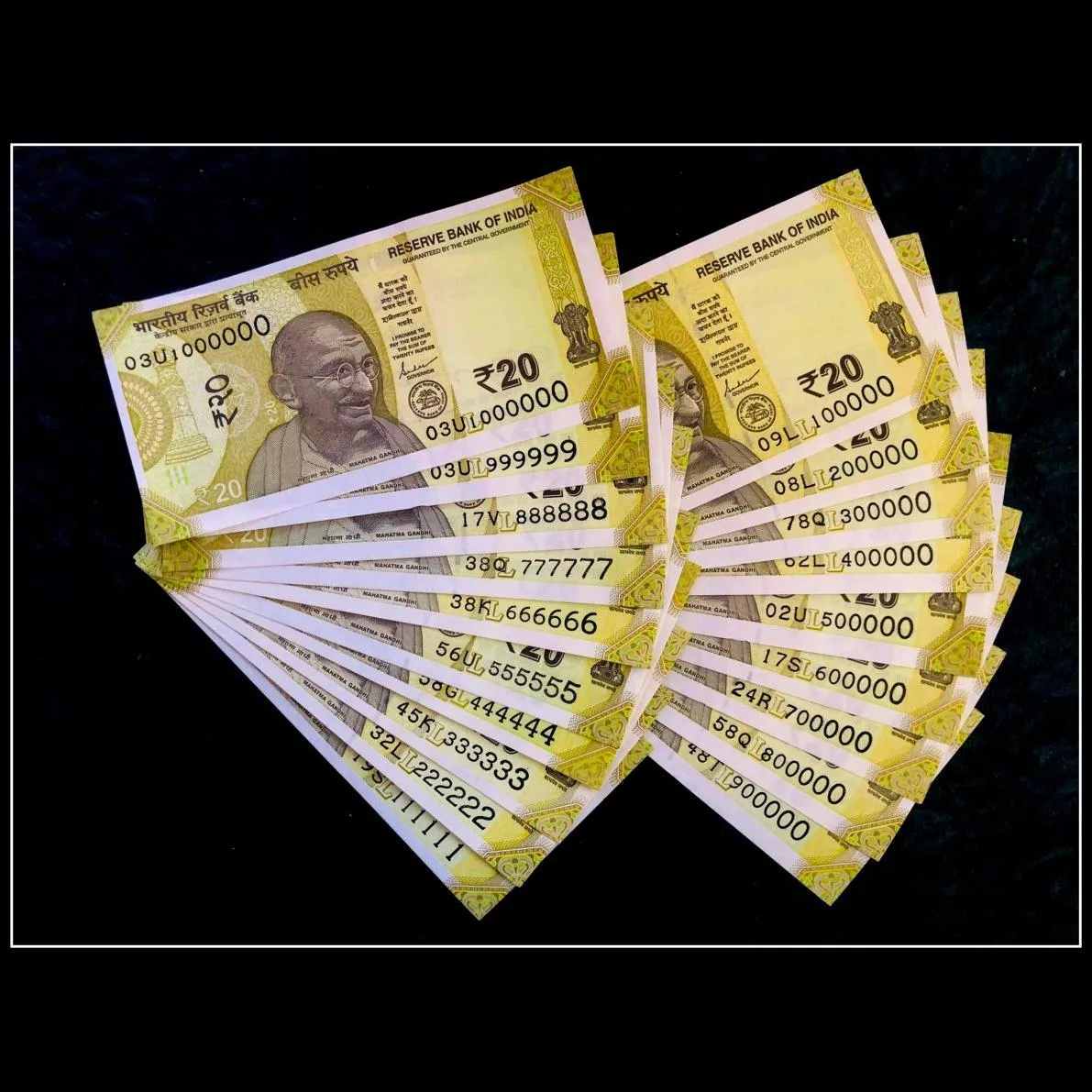 Rs 20 India Banknote 19 Note Solid Fancy Number Set 111111 to 1000000 Gem Unc Unqiue and rare