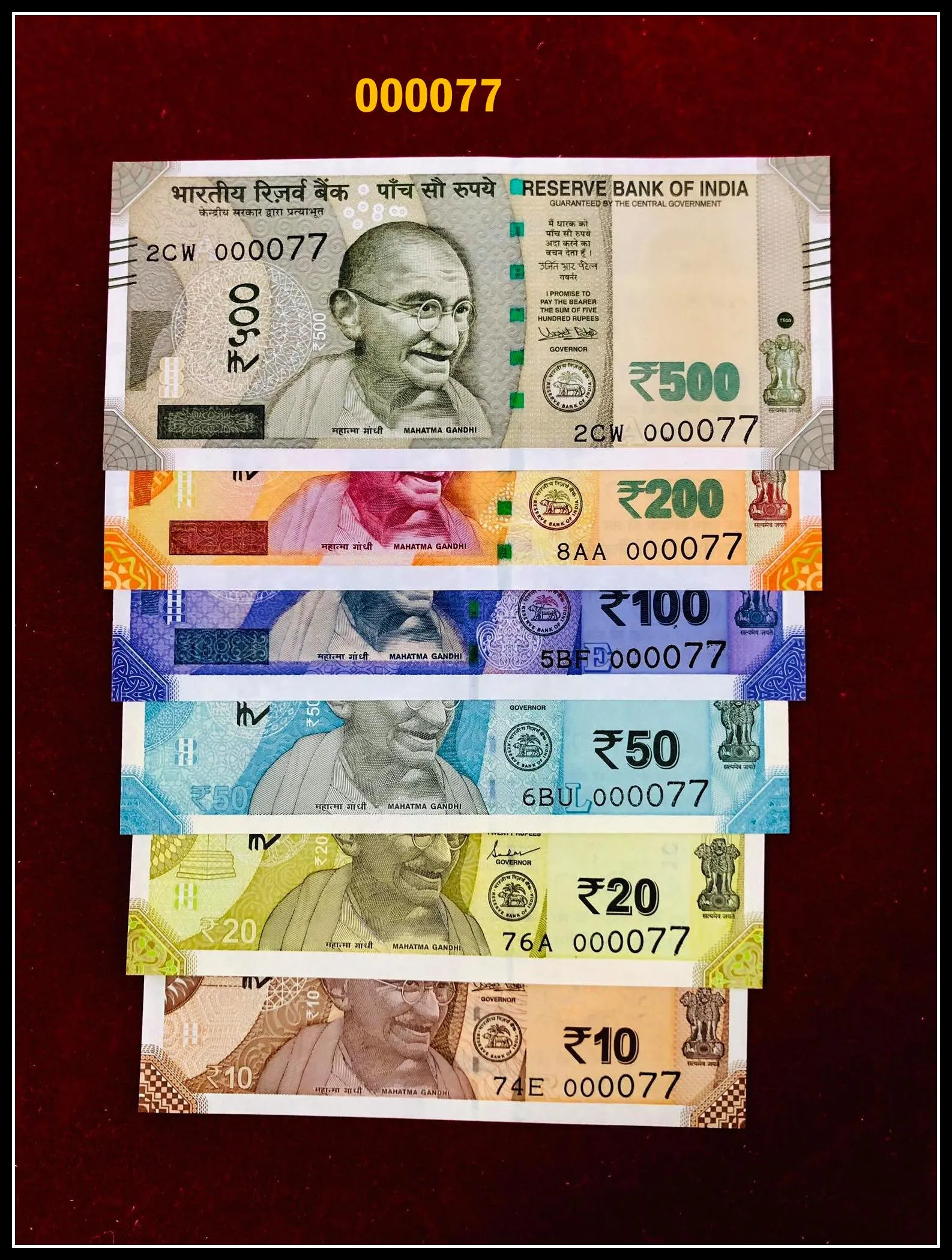 Rs 10 to 500 India Banknote Solid Fancy Set 000077 Gem Unc Unique ...